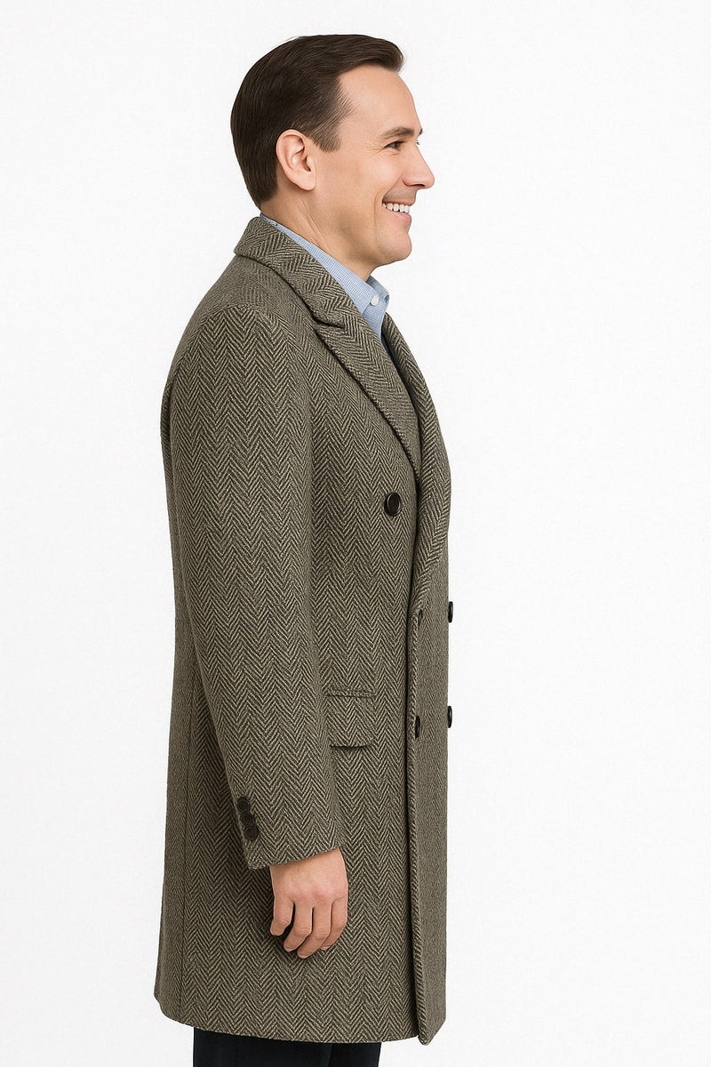 Mens Long Herringbone Wool Overcoat – Classic Double-Breasted Winter T ...
