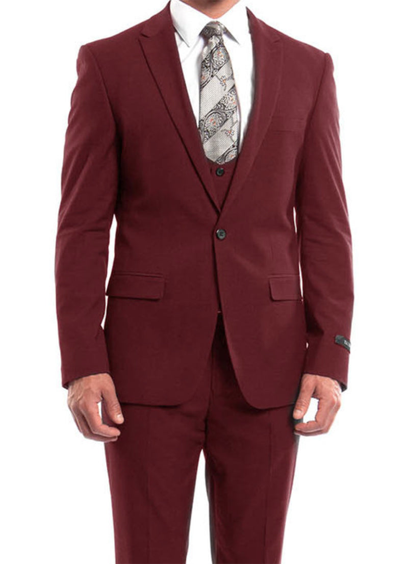 Cherry Red Solid Color 3 Piece Slim Fit Suit 1 Button Peak Lapel ...