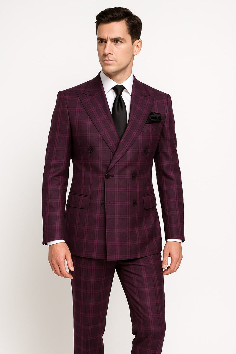 Men's Burgundy Plaid Double-Breasted Suit – Classic Windowpane Formal ...