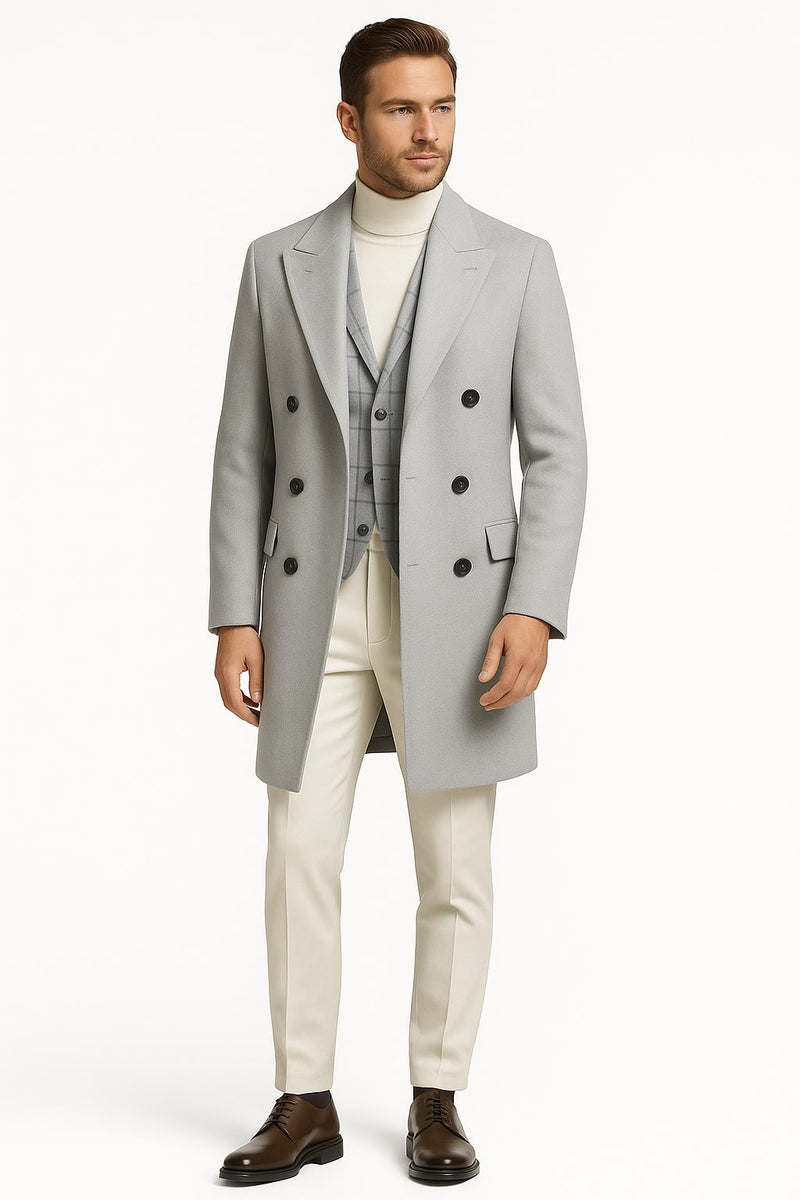 Men's Light Gray Double-Breasted Overcoat with Windowpane Vest – 3-Pie ...