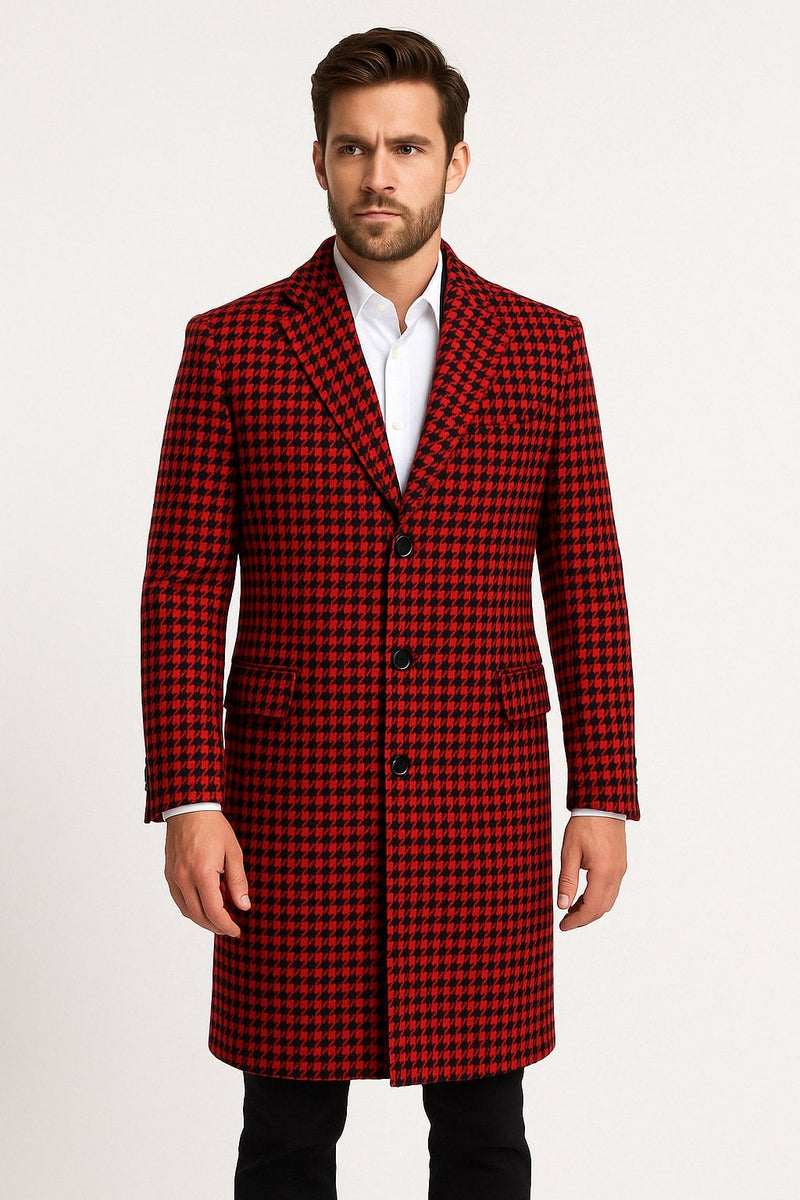 Men’s Red and Black Houndstooth Overcoat – Classic Wool Long Coat - Ch ...