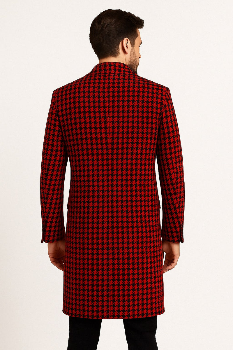 Men’s Red and Black Houndstooth Overcoat – Classic Wool Long Coat - Ch ...
