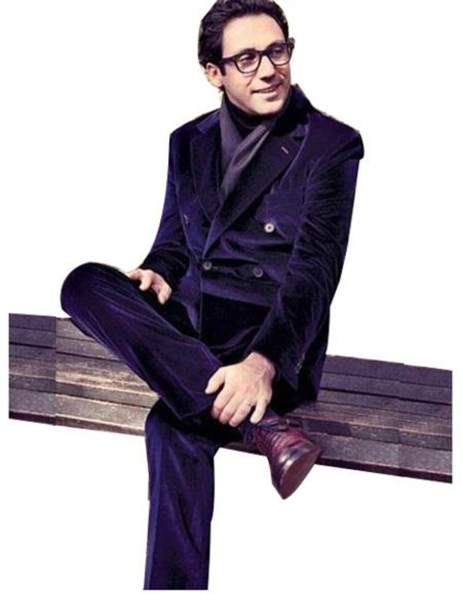 Men's Alberto Nardoni Dark Navy Blue Double Breasted Velvet Suit + Vel ...