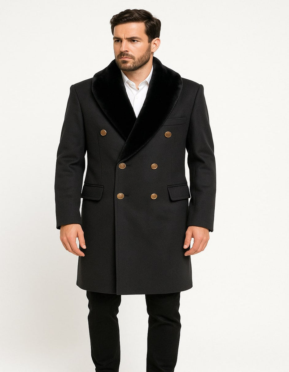 Men’s Black Double-Breasted Overcoat with Faux Fur Collar and Gold But ...