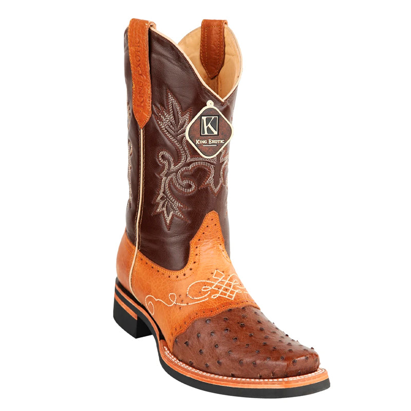 Men's King Exotic Square Toe Ostrich Boots Rubber Sole & Saddle Brown ...