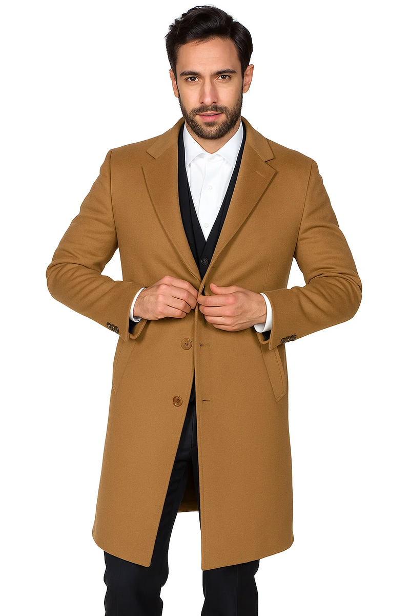 Men’s Camel Overcoat – Classic Single Breasted Wool Long Coat with Pea ...