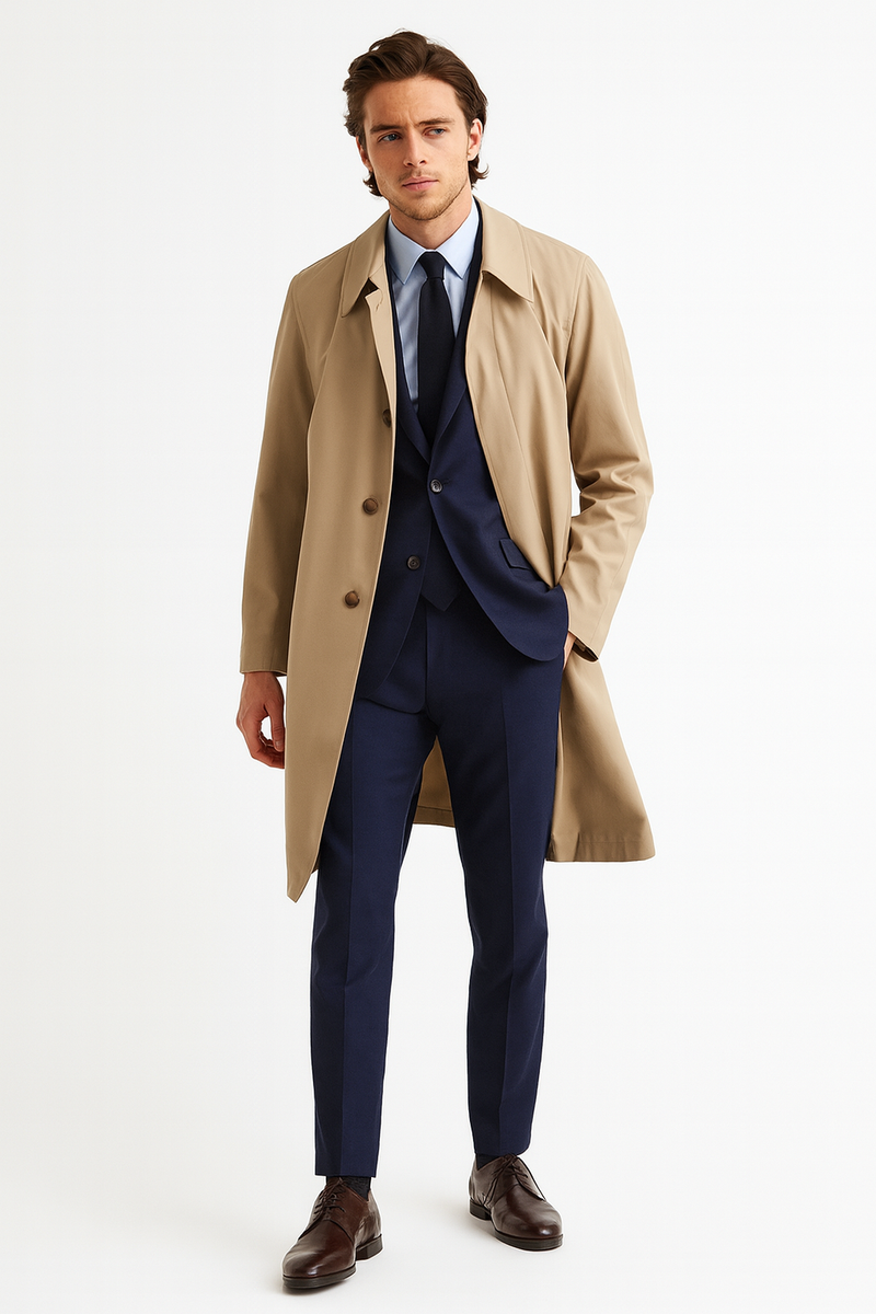 Mens Beige Trench Coat – Classic Long Overcoat with Button Front - Rai ...