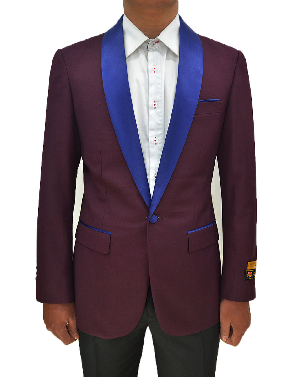 Mens One Button Contrast Shawl Collar Dinner Jacket Burgundy & Royal ...