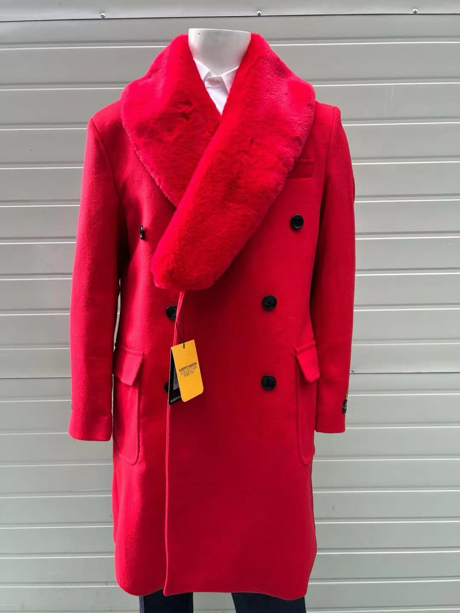 Mens Double Breasted Red Overcoat with Bold Red Faux Fur Collar – Albe ...