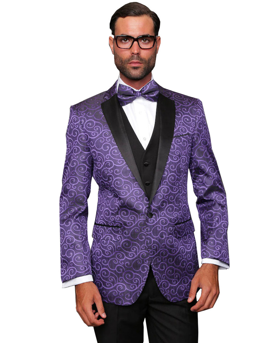 Mens Purple Floral Prom Tuxedo Dinner Jacket with Black Lapel – OvercoatUSA