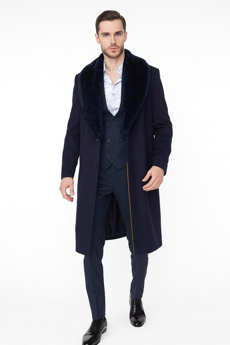 Mens Navy Blue Overcoat with Faux Fur Collar – Luxury Long Winter Coat ...