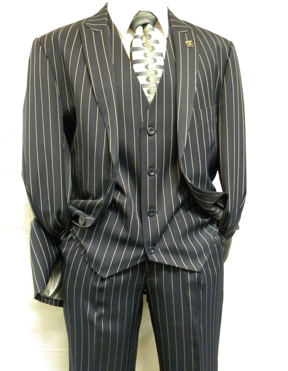 Mens 2 Button Gangster Pinstripe Suit in BLACK / GREY / NAVY / BURGUND ...