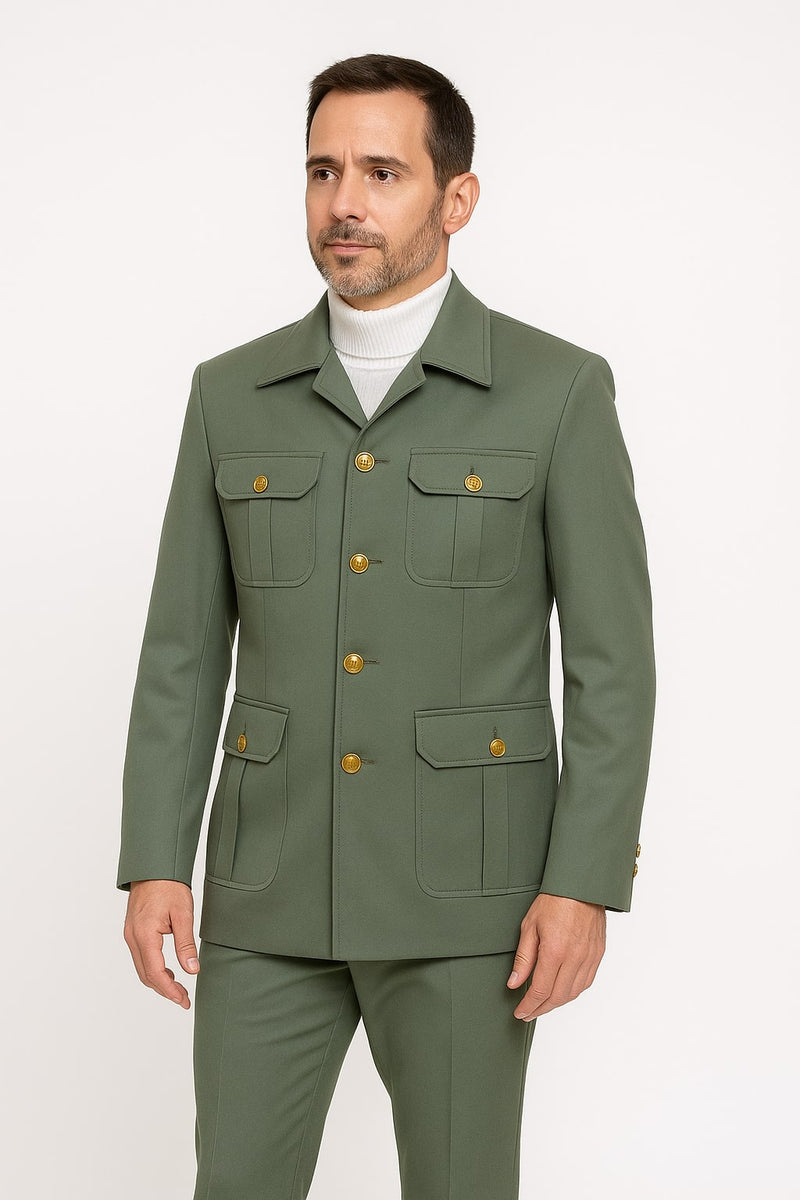 Mens Olive Green Safari Suit Set with Utility Jacket and Adjustable Wa ...