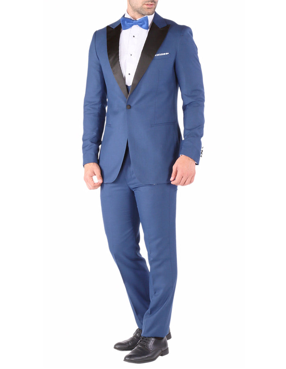 Mens Vested Slim Fit Peak Prom Tuxedo in Indigo Blue – OvercoatUSA