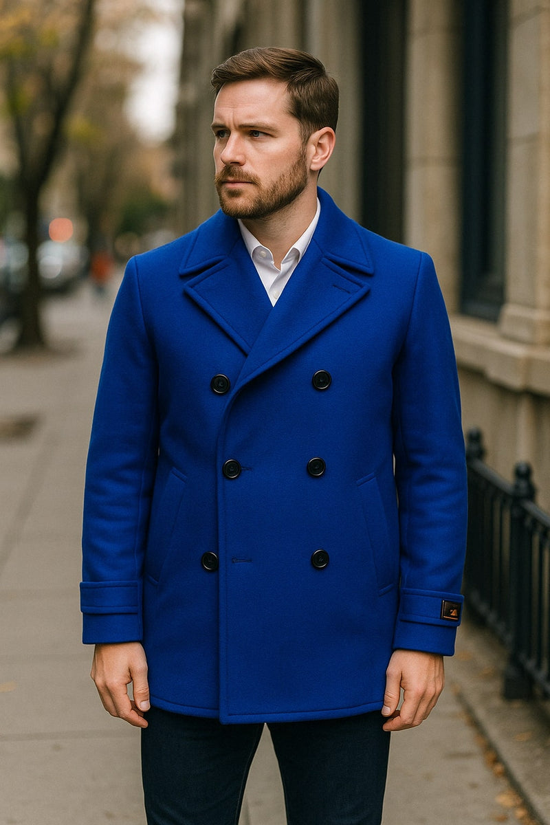 Mens Royal Blue Double-Breasted Wool Peacoat – Alberto Nardoni Collect ...