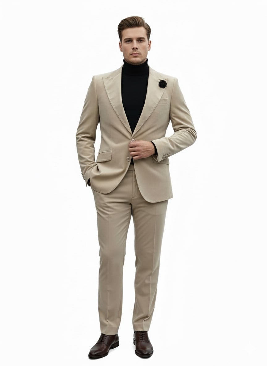 Mens Sand Beige Velvet Tuxedo Suit – 2 Piece Slim Fit Blazer and Pants ...