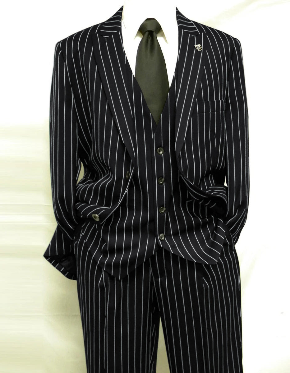 Mens 2 Button Gangster Pinstripe Pattern Suit in Black – OvercoatUSA