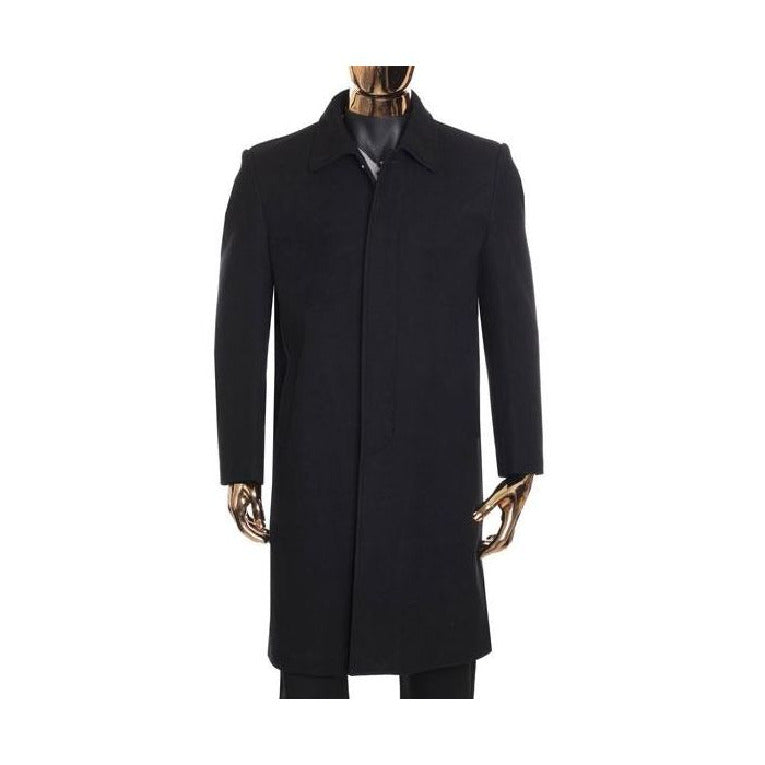 Mens Black Zip Up Closure Knee Length Coat Collared Wool Coat – OvercoatUSA