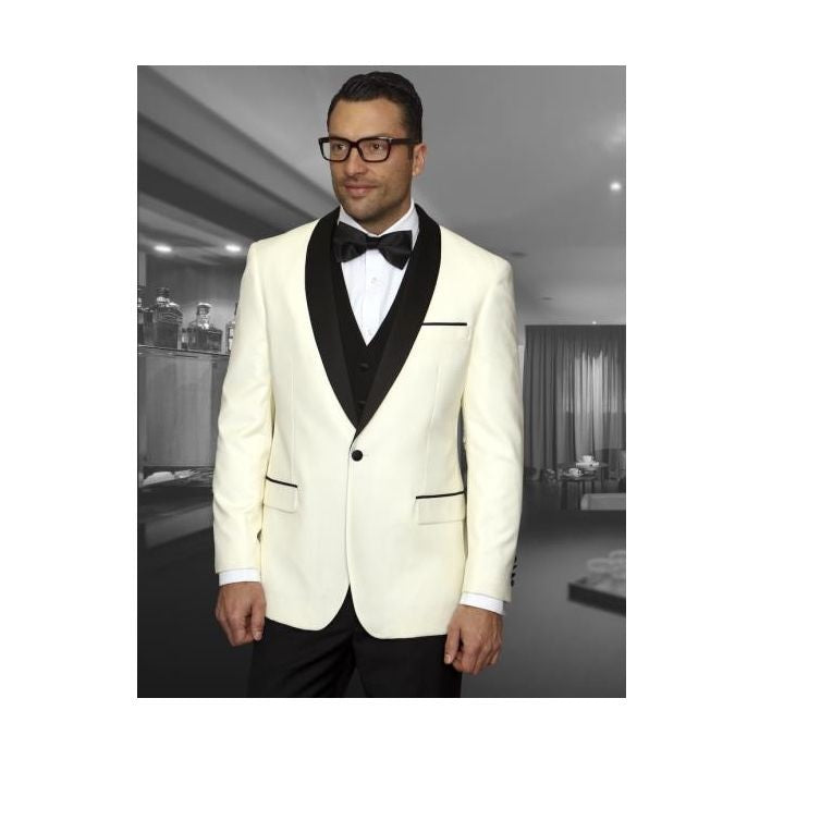 Mens Cream One Button Blazer Sport Coat Black Lapel – OvercoatUSA