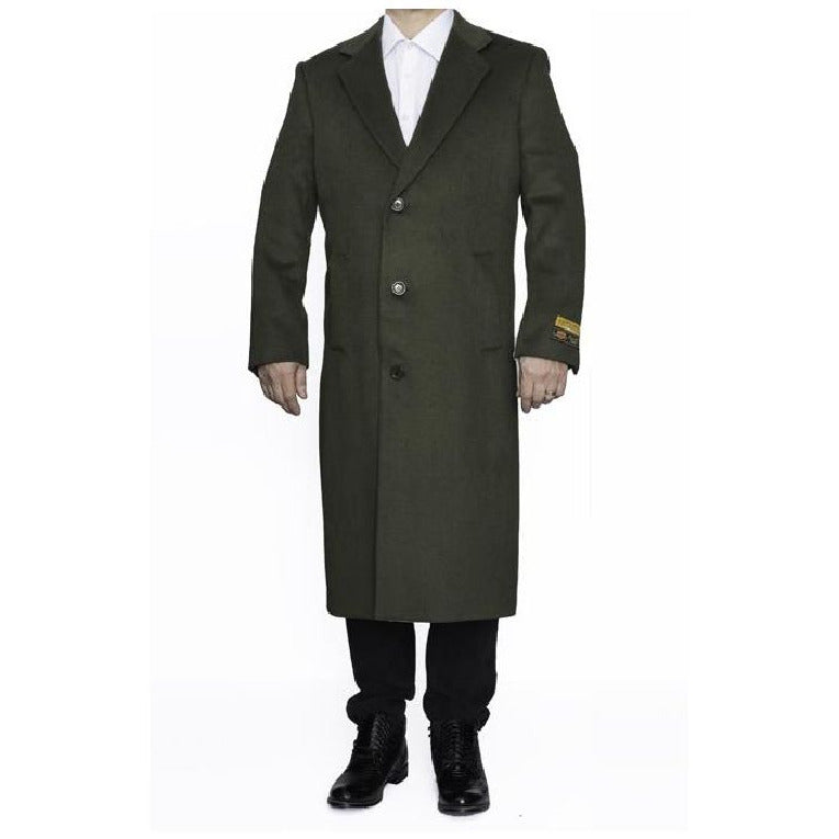 Mens Full Length Wool Dress Top Coat / Overcoat in Olive Green ...