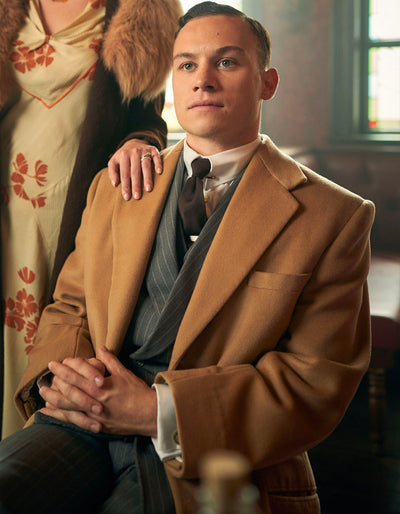 Mens Costume Michael Gray Vested Grey Pinstripe Suit & Camel Overcoat ...