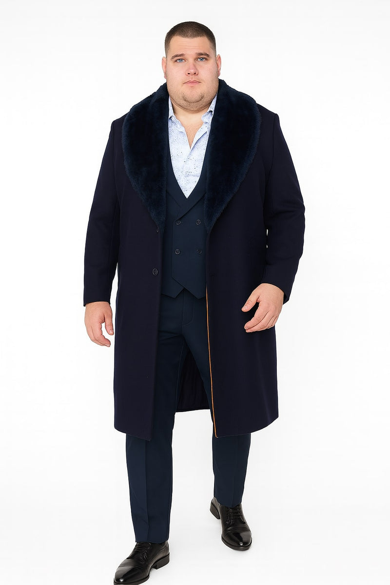 Mens Navy Blue Overcoat with Faux Fur Collar – Luxury Long Winter Coat ...