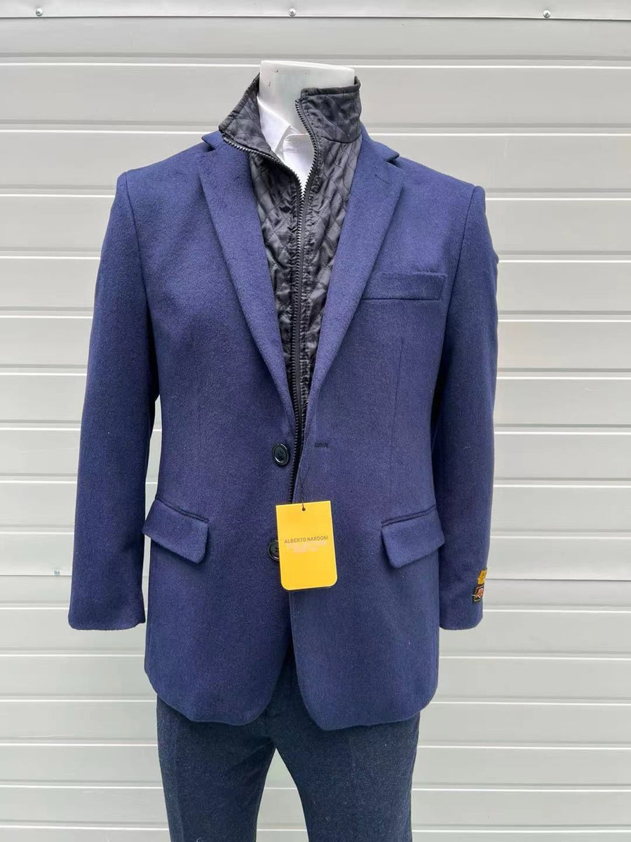Mens Navy Cashmere and Wool Blazer with Quilted Zip-Up Inner Layer - T ...