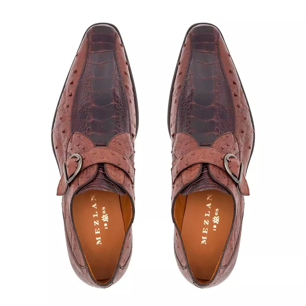 Men's Genuine Full Quill Ostrich Leg Monk Strap Brown Shoes By Mezlan ...