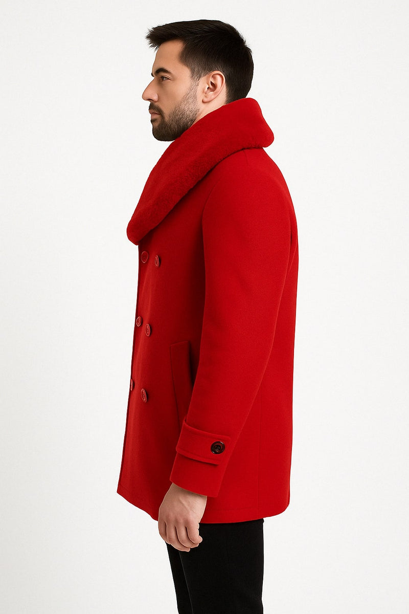 Mens Peacoat Color Red Color - Wool Overcoat with Faux Fur Shawl Colla ...