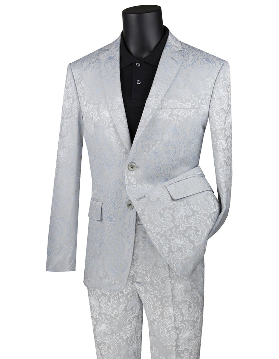 Mens 2 Button Slim Fit Paisley Prom Suit in Silver – OvercoatUSA