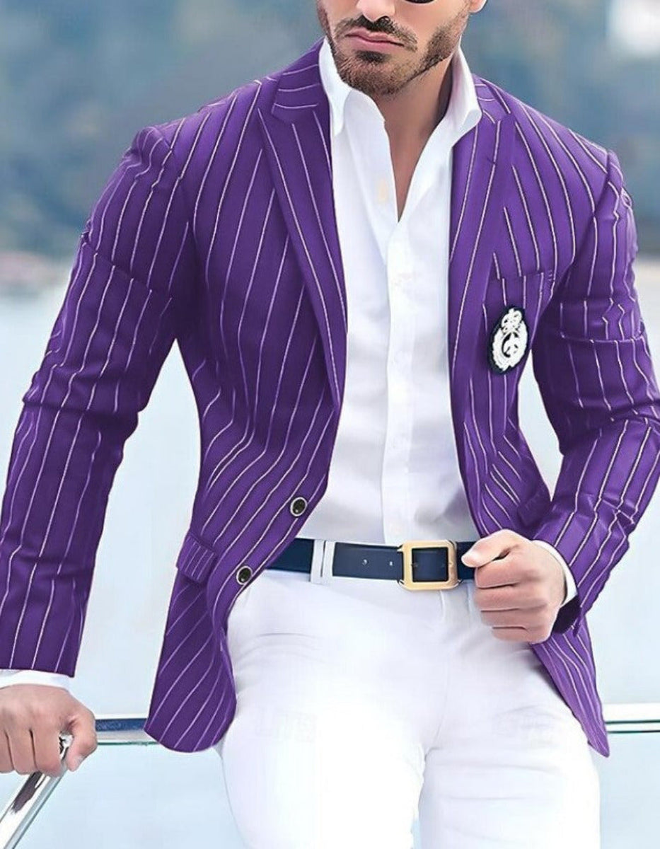 Purple Pinstripe Blazer With White Pants - Suit - Party Blazer ...