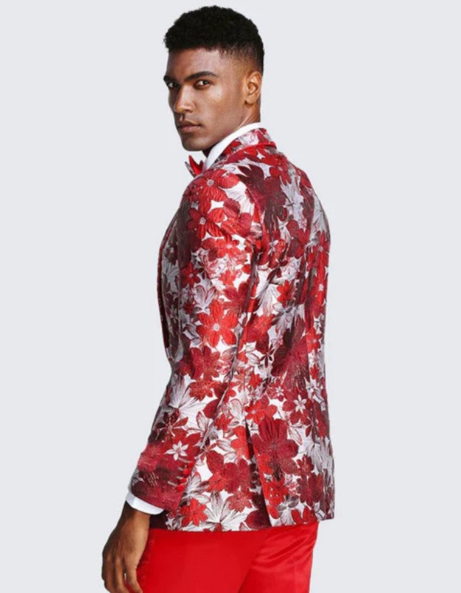 Red One Button Floral Tuxedo Jacket Slim Fit - Wedding - Prom – OvercoatUSA