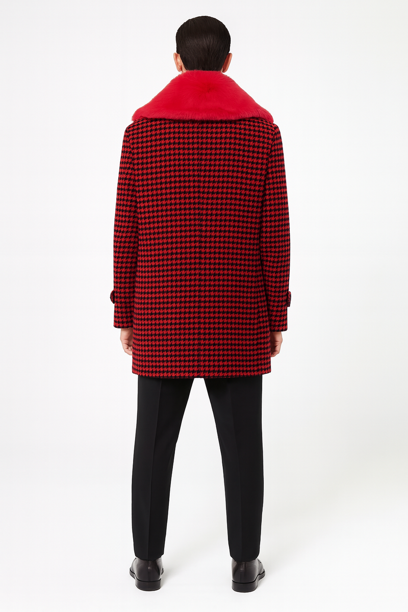 Men’s Red and Black Houndstooth Overcoat with Faux Fur Shawl Collar ...