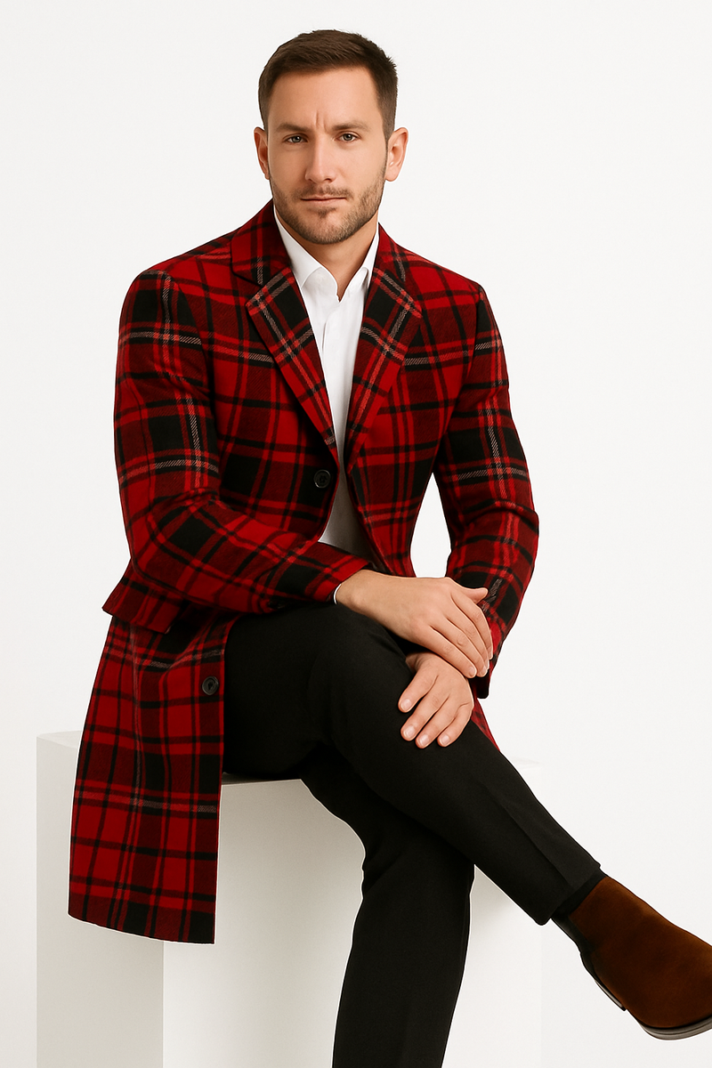 Mens Red and Black Plaid Wool Overcoat with Notch Lapel – OvercoatUSA