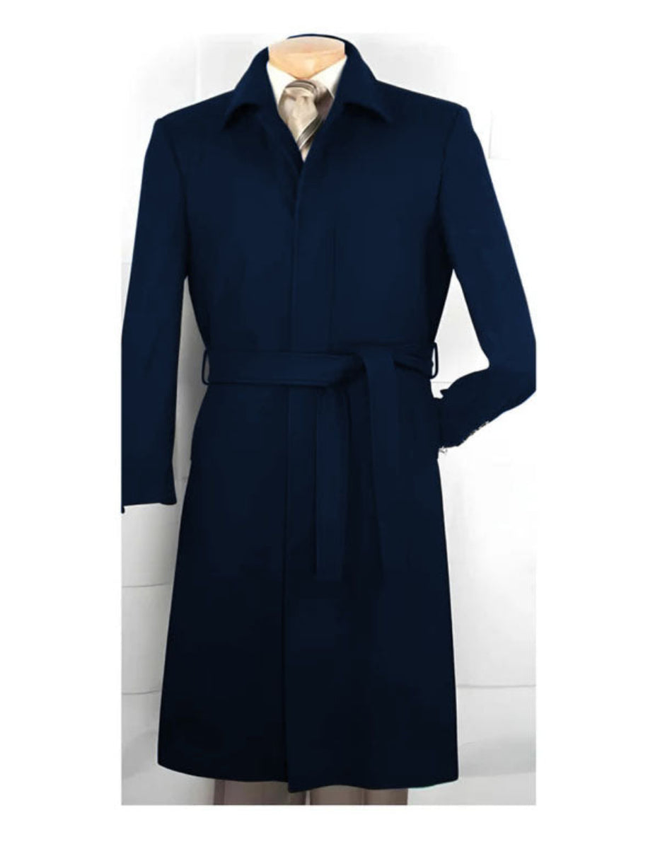 Mens Solid Navy 100% Wool Gabardine Belted Duster Overcoat – OvercoatUSA