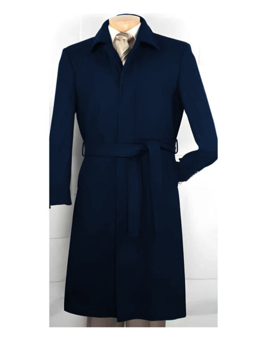 Mens Solid Navy 100% Wool Gabardine Belted Duster Overcoat – OvercoatUSA