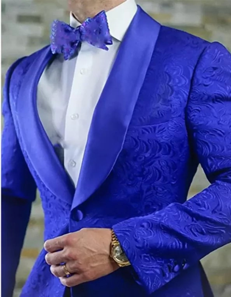 Royal Blue Shawl Lapel Groomsmen Tuxedos Jacquard Men Suits Prom Best ...