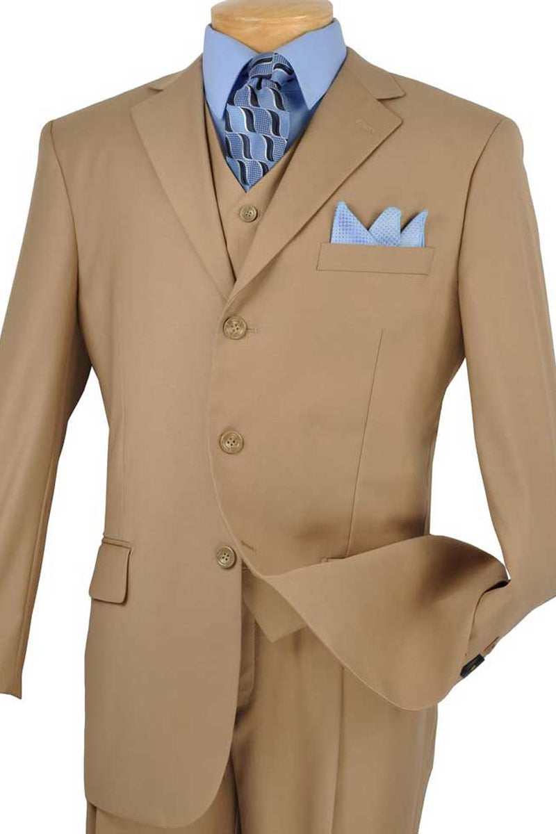 Mens 3 Button Vested Basic Wool Feel Suit in Khaki – OvercoatUSA