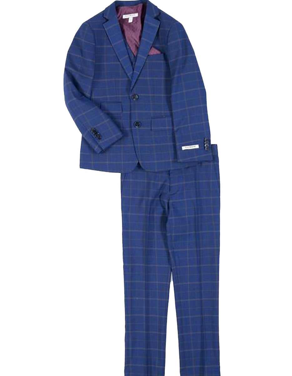 Boys 2 Button Vested Cobalt Blue Windowpane Plaid Suit – OvercoatUSA