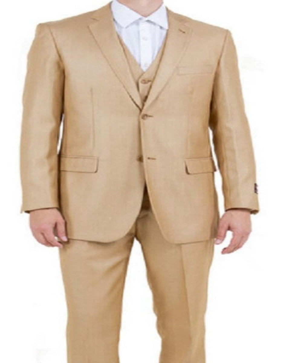 Mens Sharkskin 3 Piece Single Breasted Suit Wheat Tan – OvercoatUSA