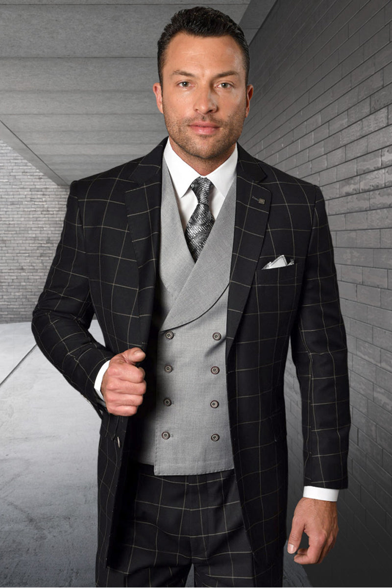 Men's Designer Two Button Vested Wool & Cashmere Suit in Black & Grey ...