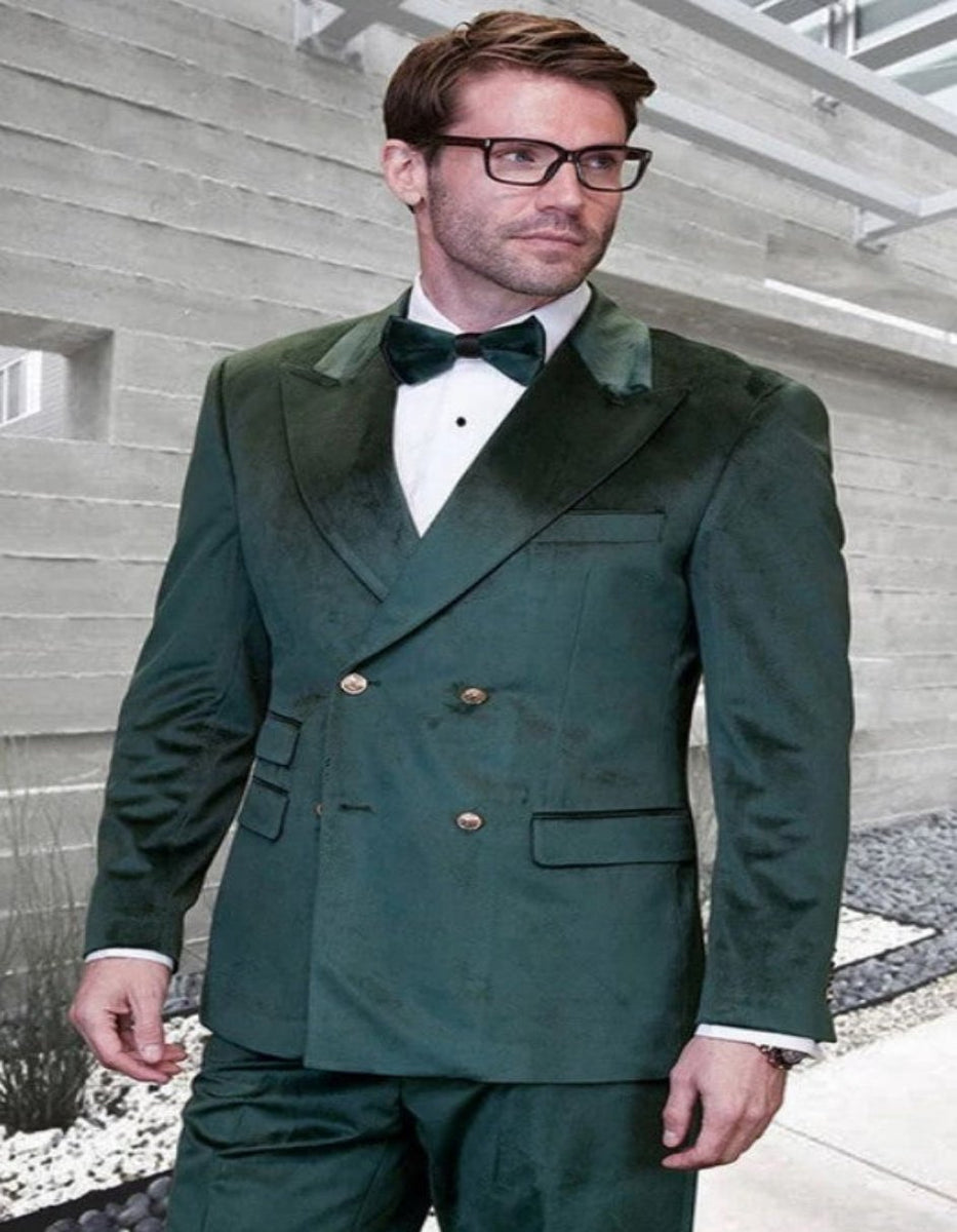 Mens 4 Button Double Breasted Velvet Suit with Gold Buttons in Hunter ...