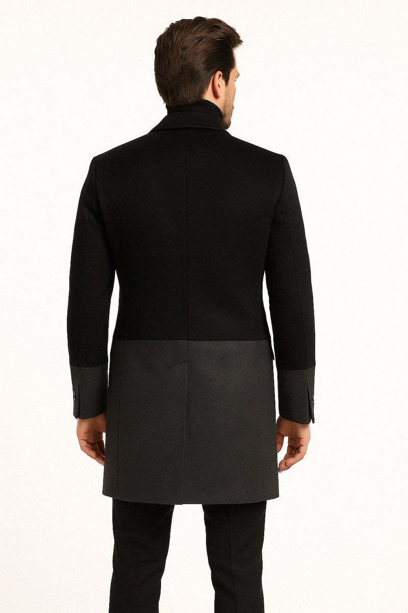 Mens Two-Tone Double-Breasted Overcoat in Black and Charcoal Gray Wool ...