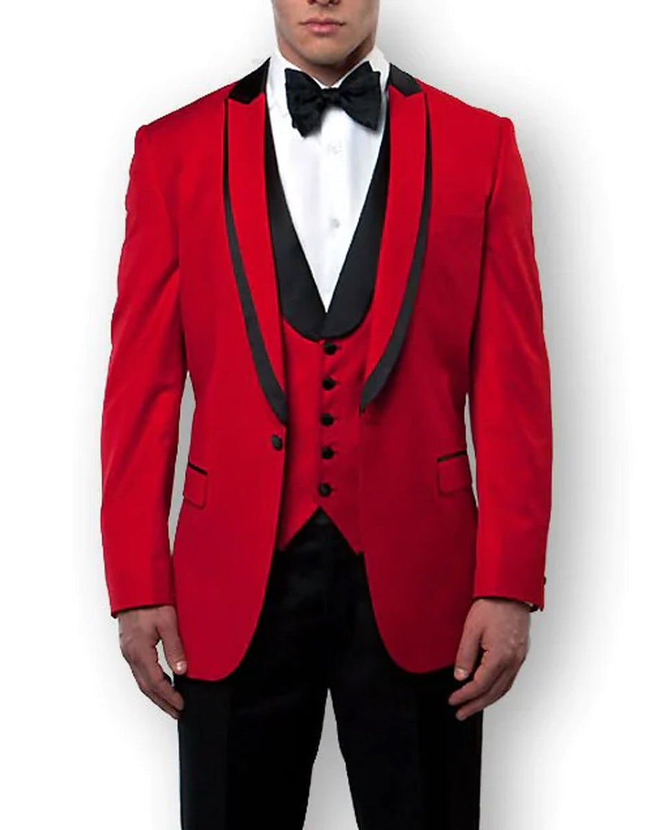 Mens Vested Red Prom Tuxedo with Black Trim – OvercoatUSA