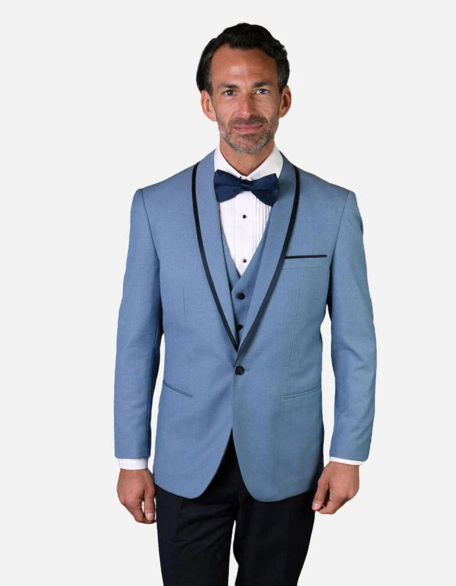 Statement Men's Steel Blue Vested with Black Trim Fine Lapel 100% Wool ...