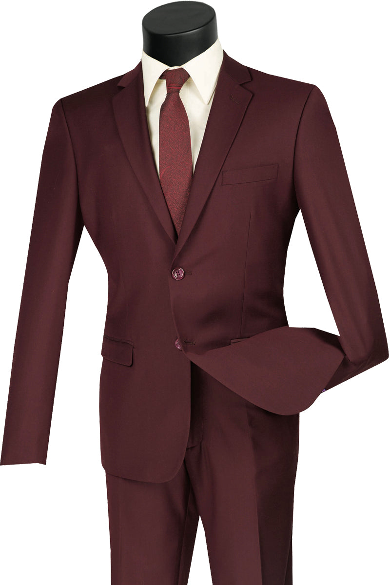 Mens Ultra Slim Fit Wool Feel Suit in Burgundy – OvercoatUSA