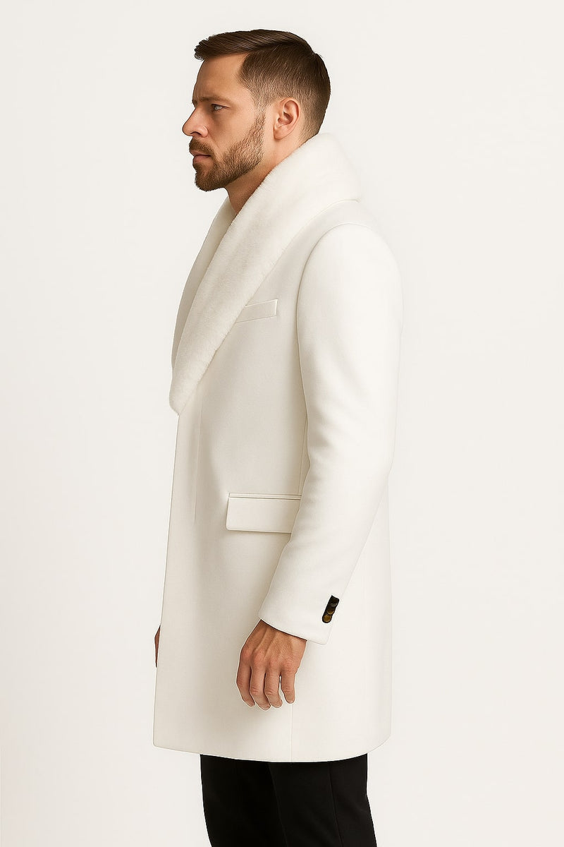 Mens White Wool Overcoat with Plush Faux Fur Shawl Collar – Alberto Na ...