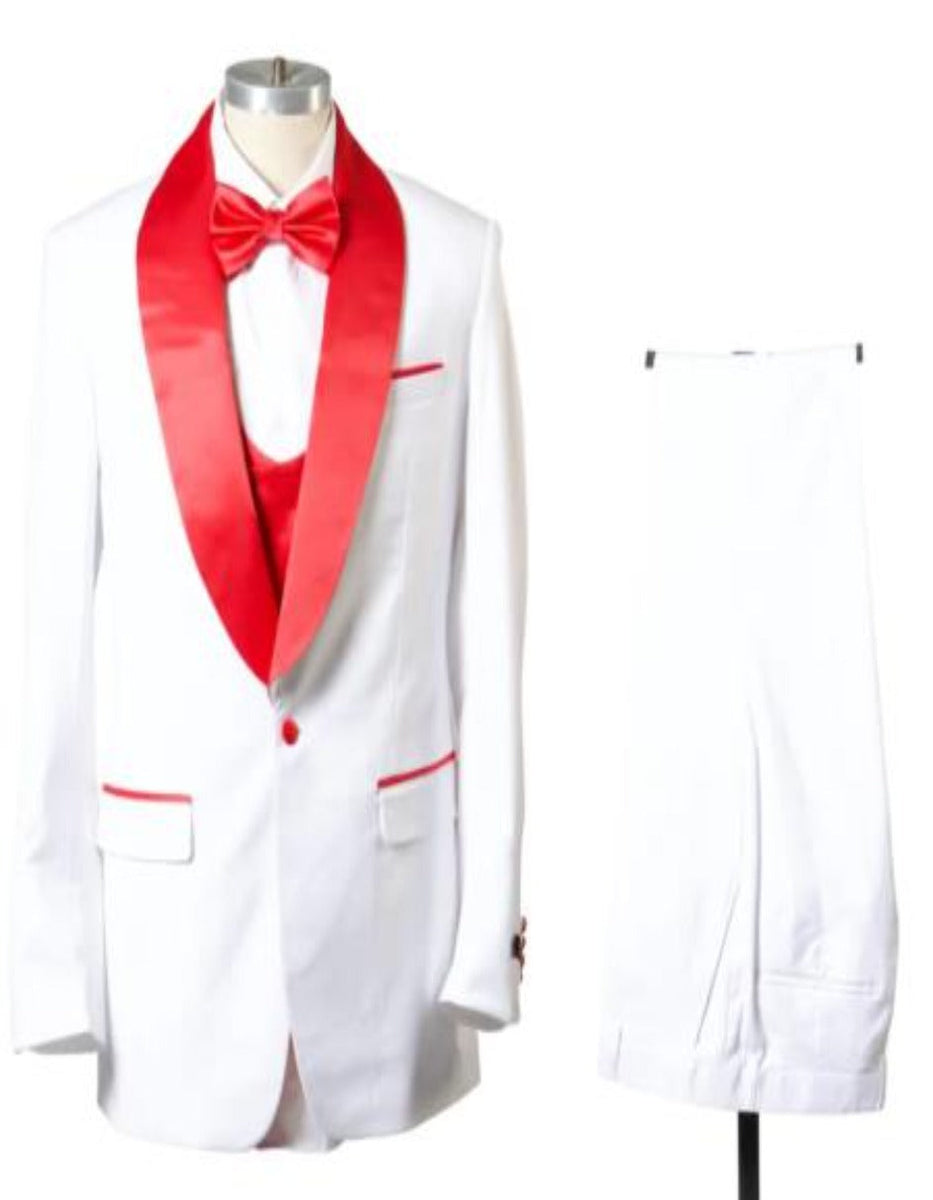 1 Button Shawl Lapel Tuxedo With Vest White And Red – OvercoatUSA