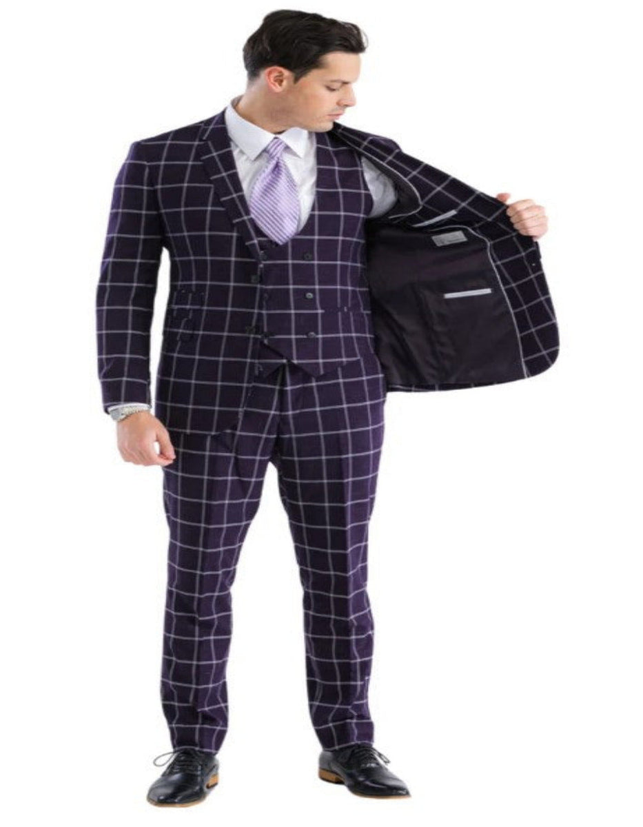 Mens Plaid Suit - Windowpane Pattern With Vest - Business Suit Burgund ...