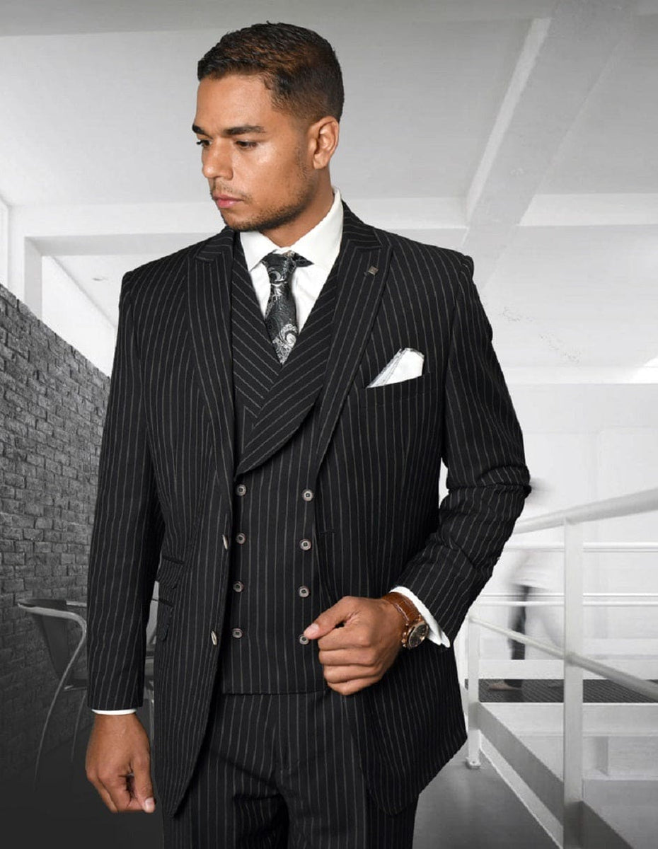 Mens Gangster Pinstripe 2 Button Double Breasted Vest Suit in Black ...